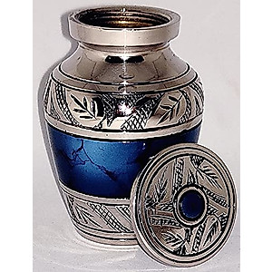 AKANKSHA ARTS Classic Small Mini Cremation Keepsake Urn for Human Ashes – with Box and Velvet Box - 2.6 inch - Blue Fire Design - Made of Brass