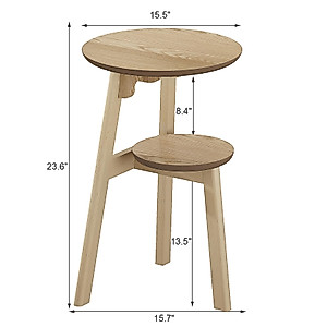 ChooChoo Round End Table Set of 2, Narrow Side Table for Small Spaces, Accent Table Night Stand with 2 Tier Shelf for Bedroom and Living Room, Natural
