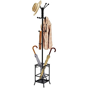 Hoctieon Coat Rack Freestanding,Entryway Coat Hanger Stand,Umbrella Holder,Hall Tree With 12 Hooks,Standing Coat Rack,Floor Standing Metal Umbrella Tree Stand, Black