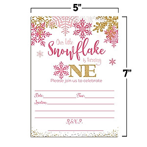 Winter Snowflake First Birthday Party Invitations in Pink & Gold, 20 5x7 Fill In Cards with Twenty White Envelopes by AmandaCreation