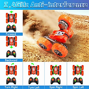 Makerfire Stunt Remote Control Car,2-in-1 Rc Cars 2.4GHz Double-Sided Driving 360° Flips Rotating with Headlights RC Crawler,4WD Car Toy Gift for Kids, Suitable for Playing on Grass,Sand,Snow-Orange