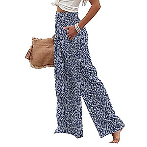 JASPAL Women Casual High Waisted Palazzo Pants Wide Leg Long Lounge Trendy Trousers with Pocket-L-Blue White Flower