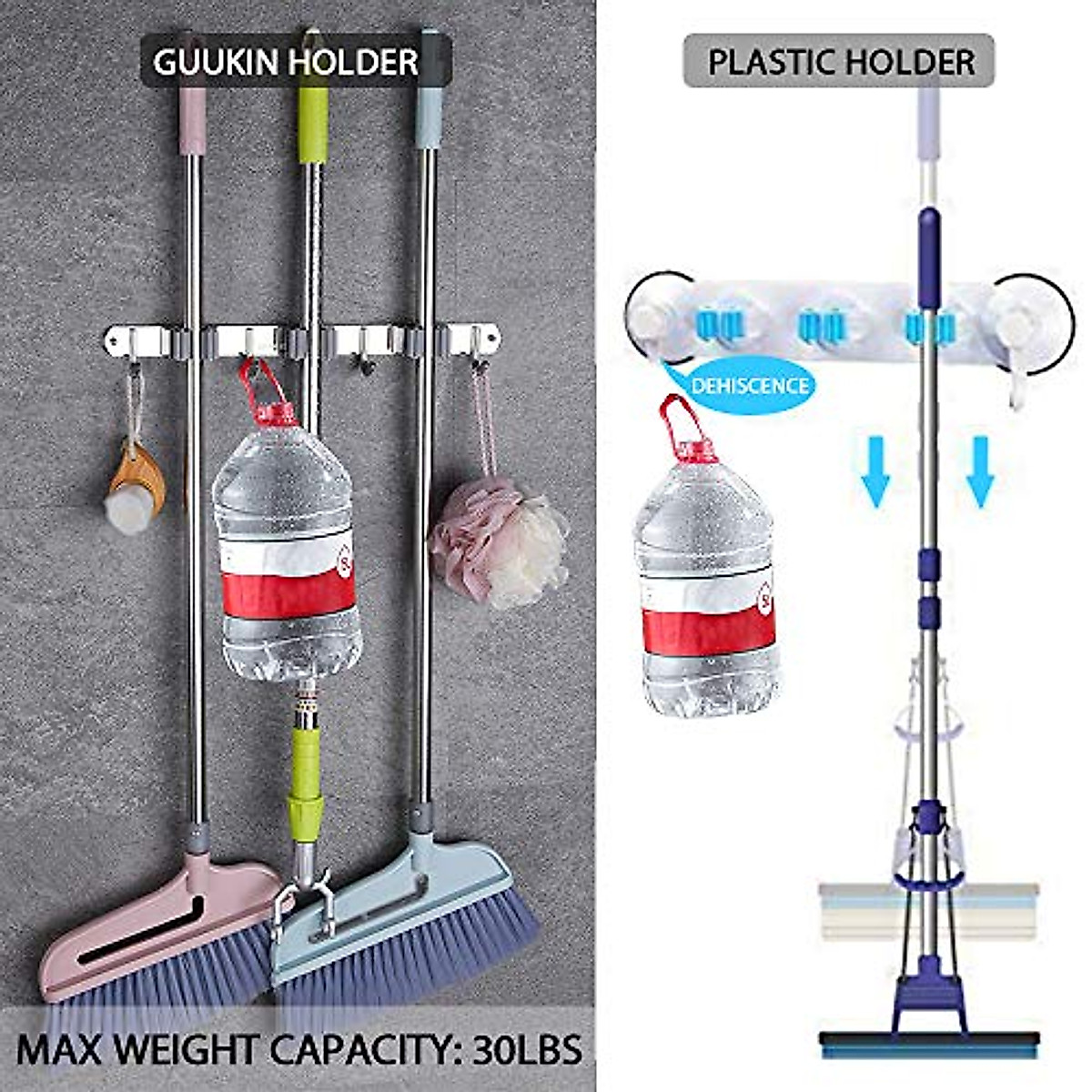 JEWJIO Broom Mop Holder Wall Mounted - Broom Storage Rack Utility Hanger 3 Racks 4 Hooks for Bathroom Home Kitchen Office Closet Garage Stainless Steel Heavy Tool Storage Rack (15 Inch)