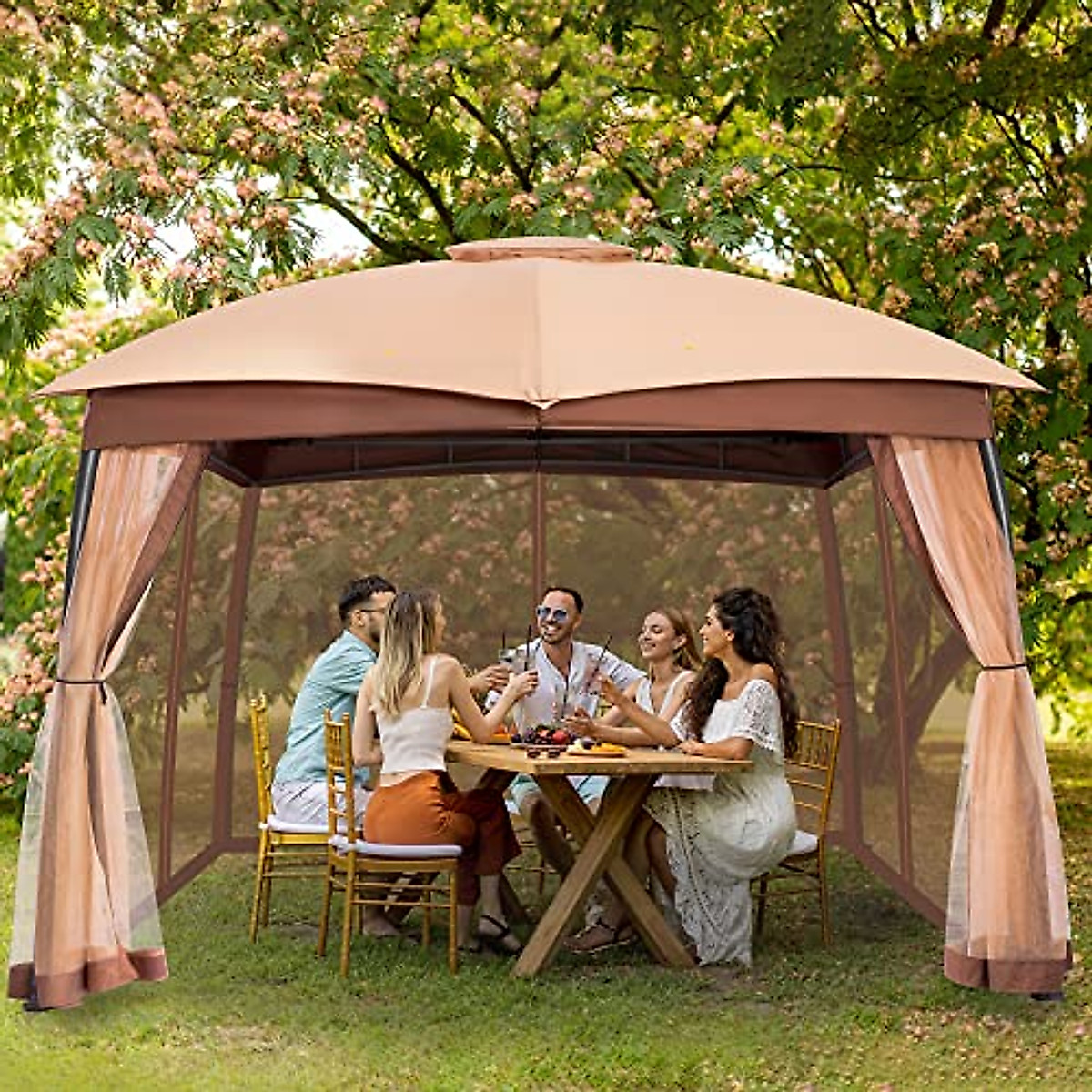 FAB BASED 10x10 Gazebo for Patio, Double Vent Canopy Gazebo with Privacy Netting Screen, Outdoor Heavy Duty Steel Waterproof and Portable Gazebo for Deck Backyard Lawn and Garden (Khaki)
