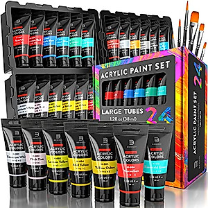 Premium Quality Acrylic Paint Set 24 Colors - 1.28oz (38ml) - with 6 Nylon Brushes - Safe for Kids & Adults - Perfect Kit for Beginners, Pros & Artists to Create Amazing Paintings and Artwork
