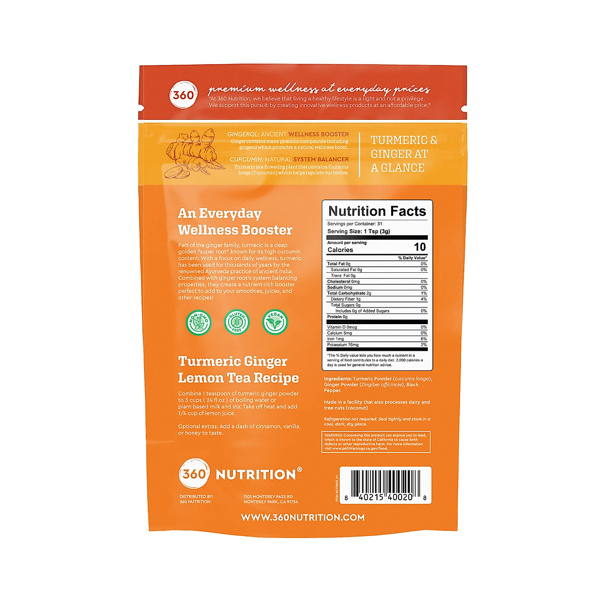 360 Nutrition Turmeric Supplement with Ginger Root Powder, Vegan Turmeric Curcumin with Black Pepper for Joint Support, Gut Health & Digestion, Keto Friendly, Caffeine Free, 3.3 oz, 31 Servings