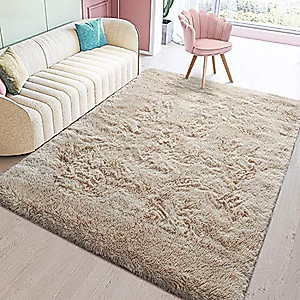 Toneed Fluffy Bedroom Rug, 4 x 6 Feet Shaggy Area Rug Modern Furry Rug Plush Fuzzy Carpet for Living Room Drom Kids Room Nursery Kindergarten Home Decorative, Beige