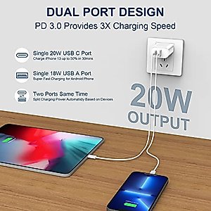 [Apple MFi Certified] iPhone Fast Charger, 20W PD + QC 3.0 Dual Port USB C Wall Charger Plug with 10FT Extra Long USB C to Lightning Fast Charging Data Sync Cord for iPhone 13 12 11 XS XR X 8 iPad