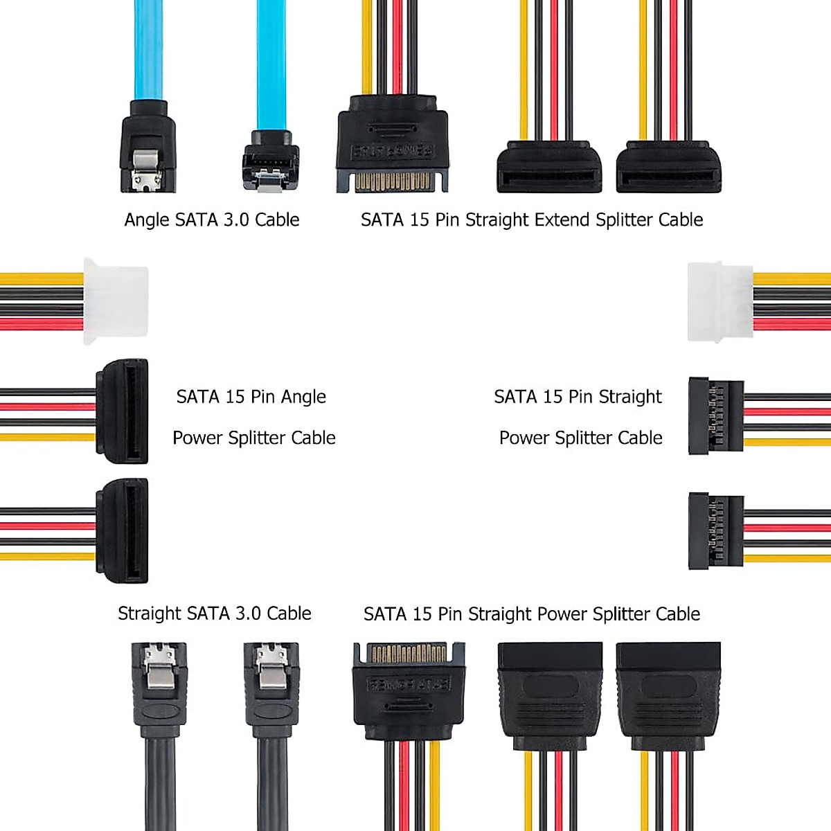 findTop Set of 6, SATA Power Splitter Cord and SATA III Cable 6.0 Gbps, Straight and 90 Degree SATA 3.0 Cable, SATA 15 Pin Male to 2xSATA 15 Pin Power Splitter Cable