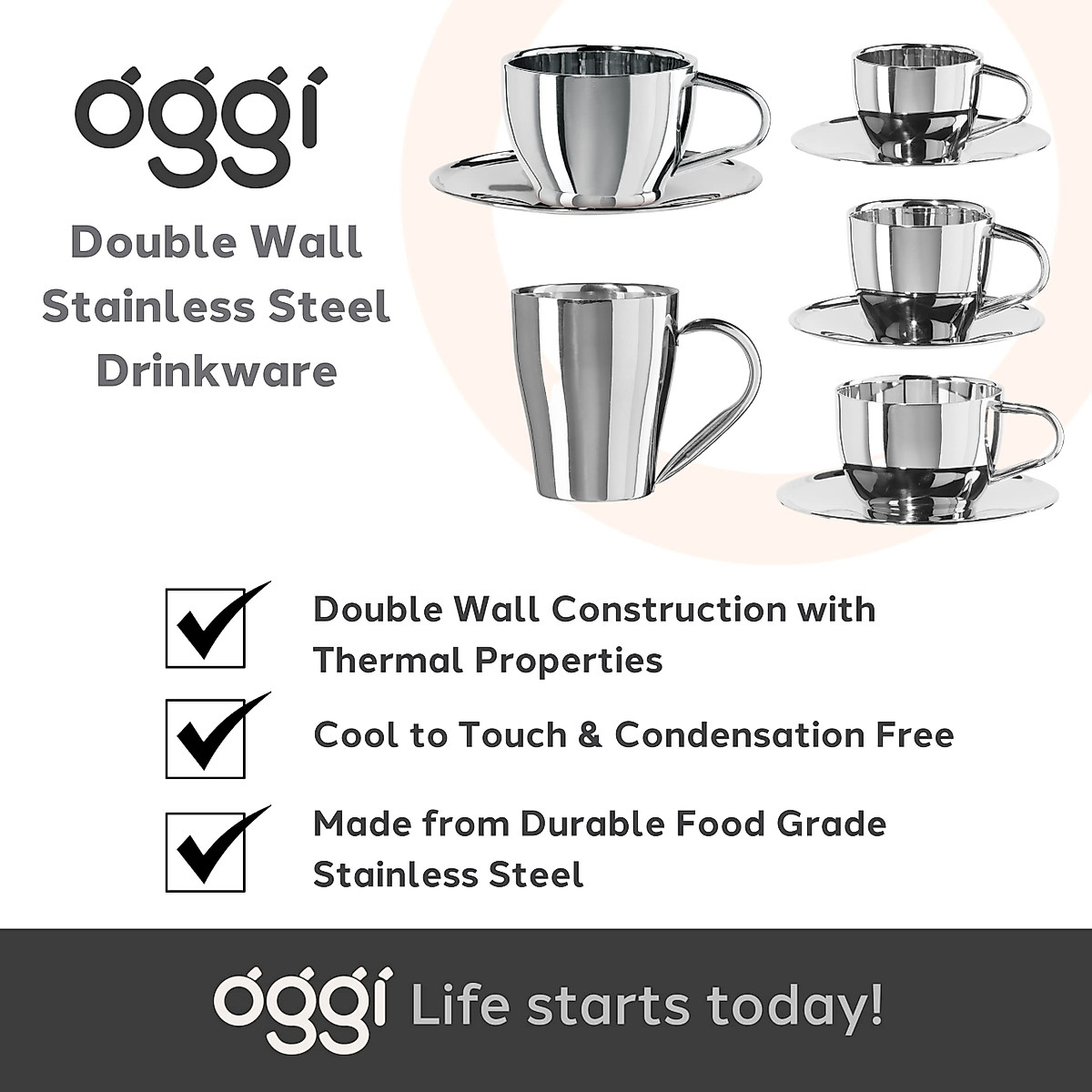 Oggi Insulated Espresso Cup 4oz - Saucer Included - Dual Wall Stainless Steel Technology Coffee Cup with Elegant Mirror Finish