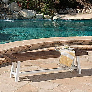 Christopher Knight Home Carlisle Outdoor Acacia Wood Dining Bench with Metal Frame, Sandblast Dark Brown / White Rustic Metal