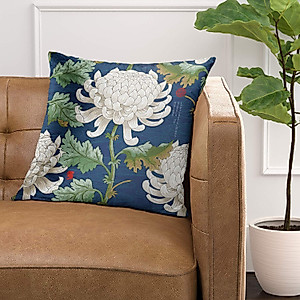 Golee Throw Pillow Cover Blue Oriental with Japanese Chrysanthemums Inscription Autumn Garden of Green Asian Decorative Pillow Case Home Decor Square 16x16 Inches Pillowcase