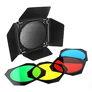 Fotoconic BD-04 Barn Door Barndoor with Honeycomb Grid and 4 Color Gel Filters (Red Yellow Blue Green) for 7 Inch Standard Reflector