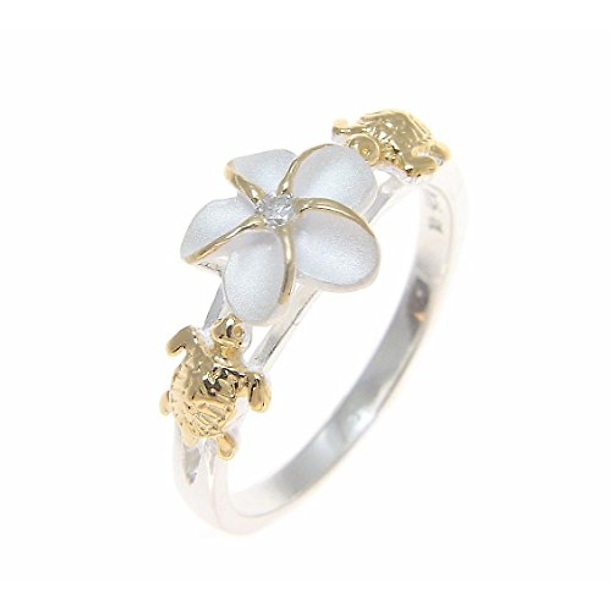 Arthur's Jewelry Sterling silver 925 Hawaiian plumeria flower cz turtle ring 2 tone yellow gold plated size 8