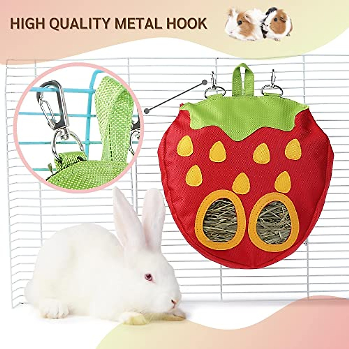 JanYoo Rabbit Hay Feeder Bag for Cage Guinea Pig Timothy Hay Dispenser Storage Manger Hanging Large Less Waste for Bunny