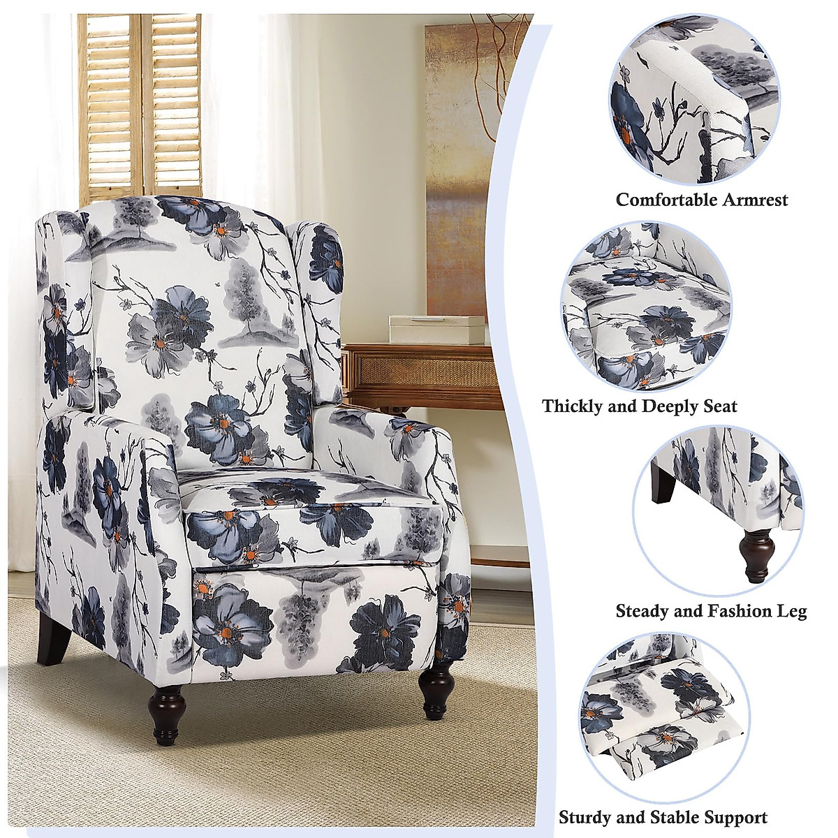 B BAIJIAWEI Wingback Recliner Chair - Tufted Arm Chair Recliner - Fabric Push Back Recliner Chair for Living Room Adjustable Backrest (Single, Blue Floral)