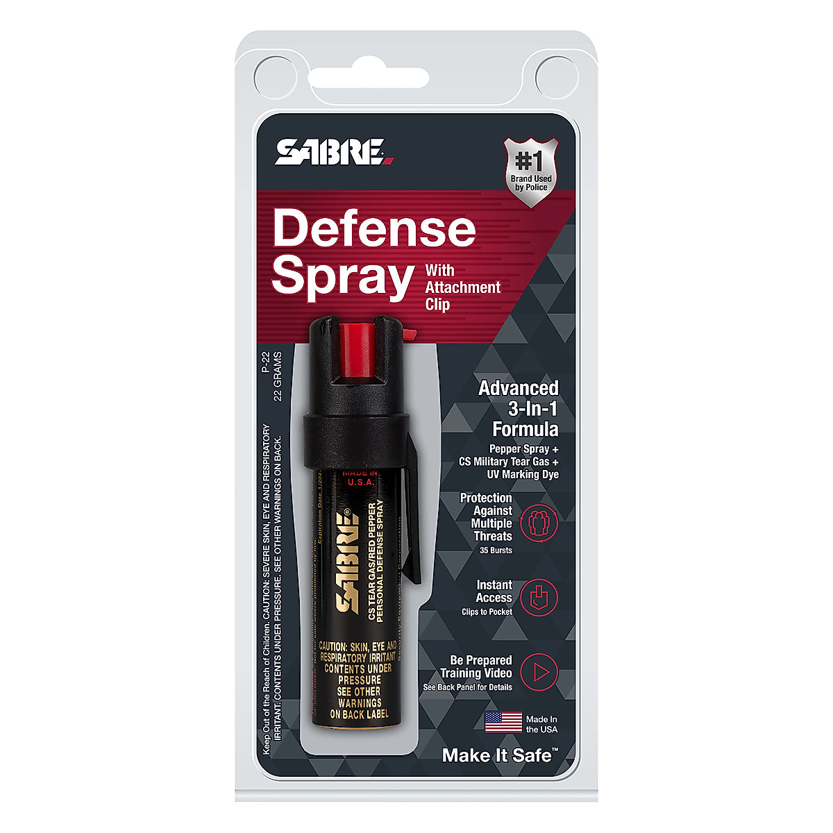 SABRE Advanced Pepper Spray, 3-in-1 Formula Contains Maximum Strength Pepper Spray, CS Military Tear Gas and UV Marking Dye, Compact Belt Clip for Easy Carry and Fast Access, 35 Bursts, 0.67 fl oz