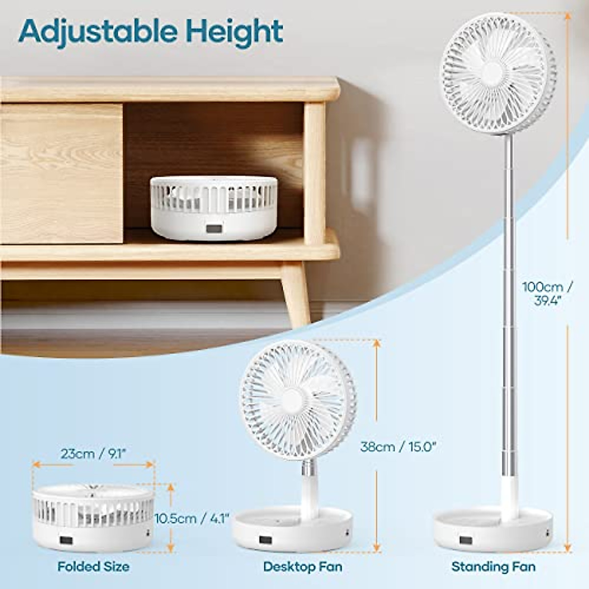 Assark 9'' Portable oscillating Standing Fan for Travel with Remote Control, 10000mAh Rechargeable Foldable USB Desktop Fan,4 Wind Speeds, Folded Floor Pedestal Fan For Room, Office, Travel