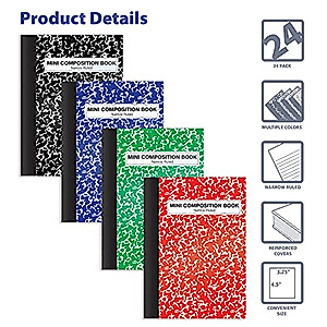Mini Composition Books, 24 Pack, 4.5 x 3.25 inches, 80 Sheets, Narrow Ruled, by Better Office Products, Marble Covers in Red, Blue, Black, Green, 24 Pack