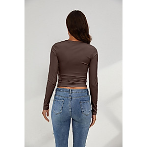 KAMISSY Women’s Workout Long Sleeve Yoga Basic Tee Shirt Casual Round Neck Slim Athletic Running Solid T-Shirt Top Coffee