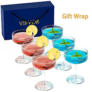 VIFVOR 6 Pcs Ribbed Coupe Cocktail Glasses, 10 oz Classic Old Styling Martini Glass Set with Gift Box Packaging Elegant Hand Blown Manhattan Goblet for Cocktail, Champagne, Bar and Gift