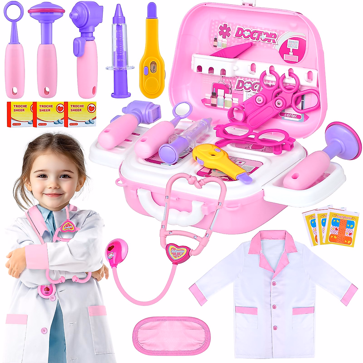 GINMIC Kids Doctor Play Kit, 22 Pieces Pretend Play Doctor Set with Halloween Role Play Doctor Costume and Carry Case for Toddlers and Kids, Medical Dr Kit Toys for Girl Age 3 4 5 6 7 Year Old