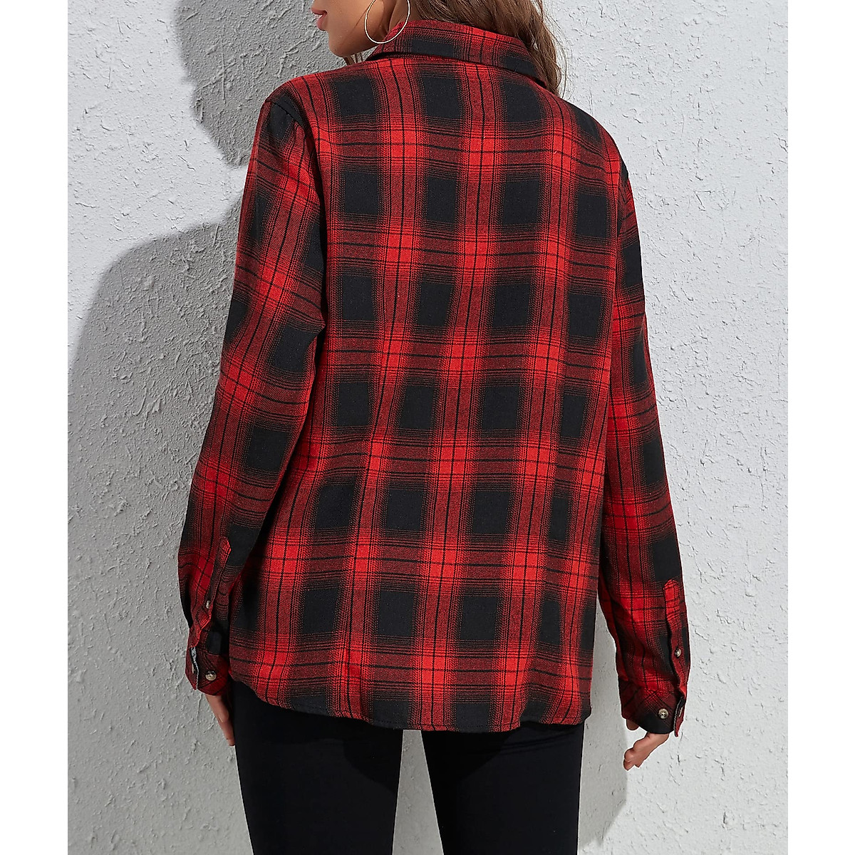 MARZXIN Plaid Flannel Shirt for Women Oversized Long Sleeve Button Down Shirts Casual Loose Blouse Tops Black Red Plaid L