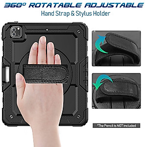 Timecity Protective Case for iPad Pro 12.9 inch 6th/ 5th/ 4th/ 3rd Generation, with Strong Protection, Screen Protector, Hand/Shoulder Strap, Rotating Stand, Pencil Holder - Black