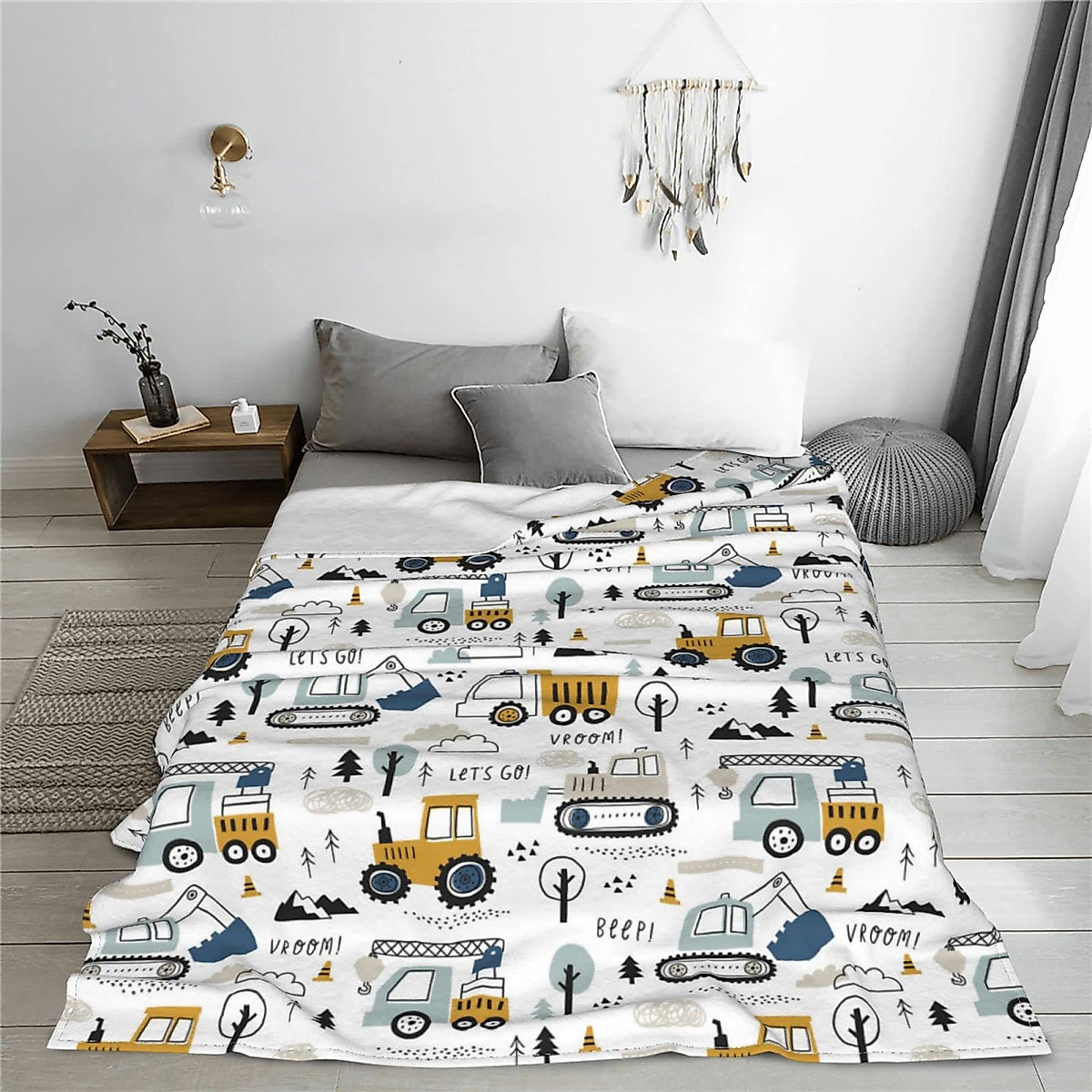 Cute Excavator Throw Blanket Flannel Fleece Truck Blanlet Autumn Lightweight Soft Fuzzy Cozy Travel Blanket for Couch Bed Fall Decor Thanksgiving Kids Boys Girls 60"x50"
