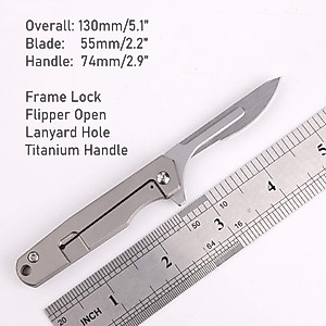 Samior TS51 Small Slim Scalpel Folding Pocket Flipper Knife with 10pcs #24 Replaceable Blade, 5.1 inches Grey Titanium Handle with Liner Lock, Utility EDC Keychain Knives, 0.99oz
