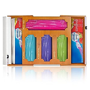 Ziplock Bag Storage Organizer and Dispenser with Cutter, Bamboo Organizer Compatible with Gallon,Sandwich & Snack