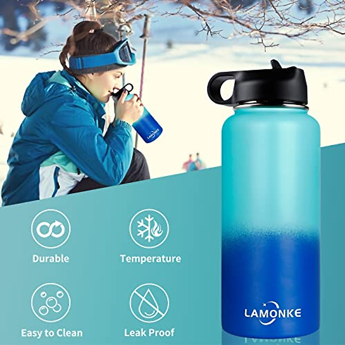 LAMONKE 32oz Vacuum Insulated Stainless Steel Water Bottle with Straw Lids & Spout Lids & Wide Mouth, Double Wall BPA Free Sweat-Proof Thermos to Keep Beverages Perfectly Hot or Cold