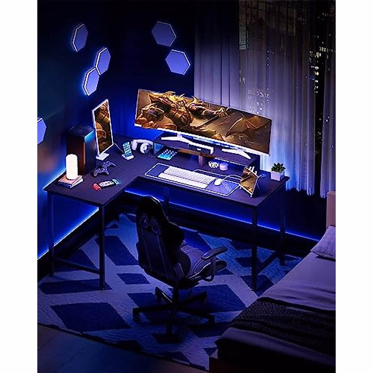 MINOSYS L Shaped Computer Desk - 58" Gaming Desk, Reversible Corner Desk, Home Office Writing Desk with Monitor Stand Shelf, Space-Saving Modern Simple Wooden Desk, Black