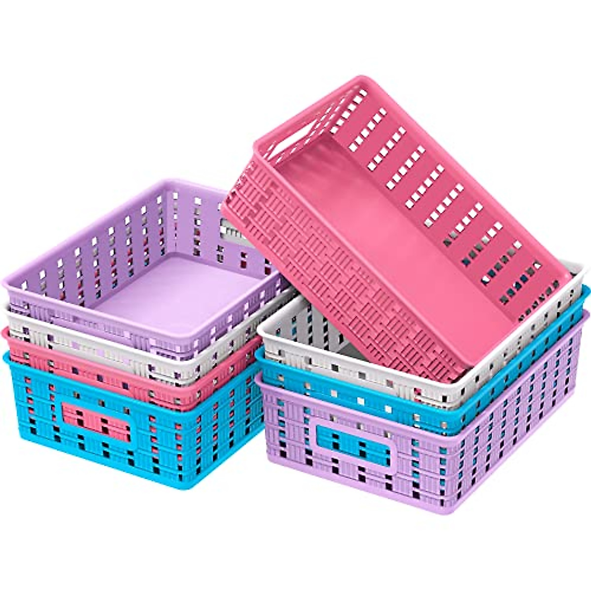 WUWEOT 8 Pack Plastic Storage Basket, 11.2" x 8.1" x 3.3" Woven Storage Bins Pantry Basket, Shelf Baskets Tray with Handle for Classrooms Office