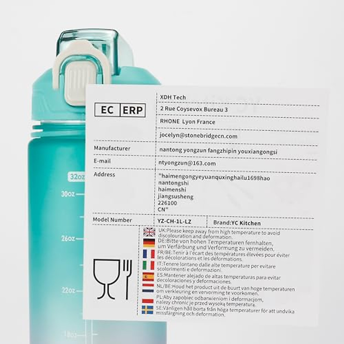 YC Kitchen Motivational Water Bottle with Time Marker- 32oz Water Bottles with Times to Drink, Leakproof & BPA Free Sports Water Bottle with Straw & Carry Strap for Fitness, Gym, and Outdoor Sports