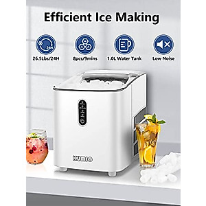 KUMIO Ice Makers Countertop, Portable Ice Maker with Self-Cleaning, 8 Cubes/9 Mins, 26.5Lbs/24Hrs, Ice Machine with Scoop and Basket, 2 Sizes of Bullet Ice for Home Office Bar Party