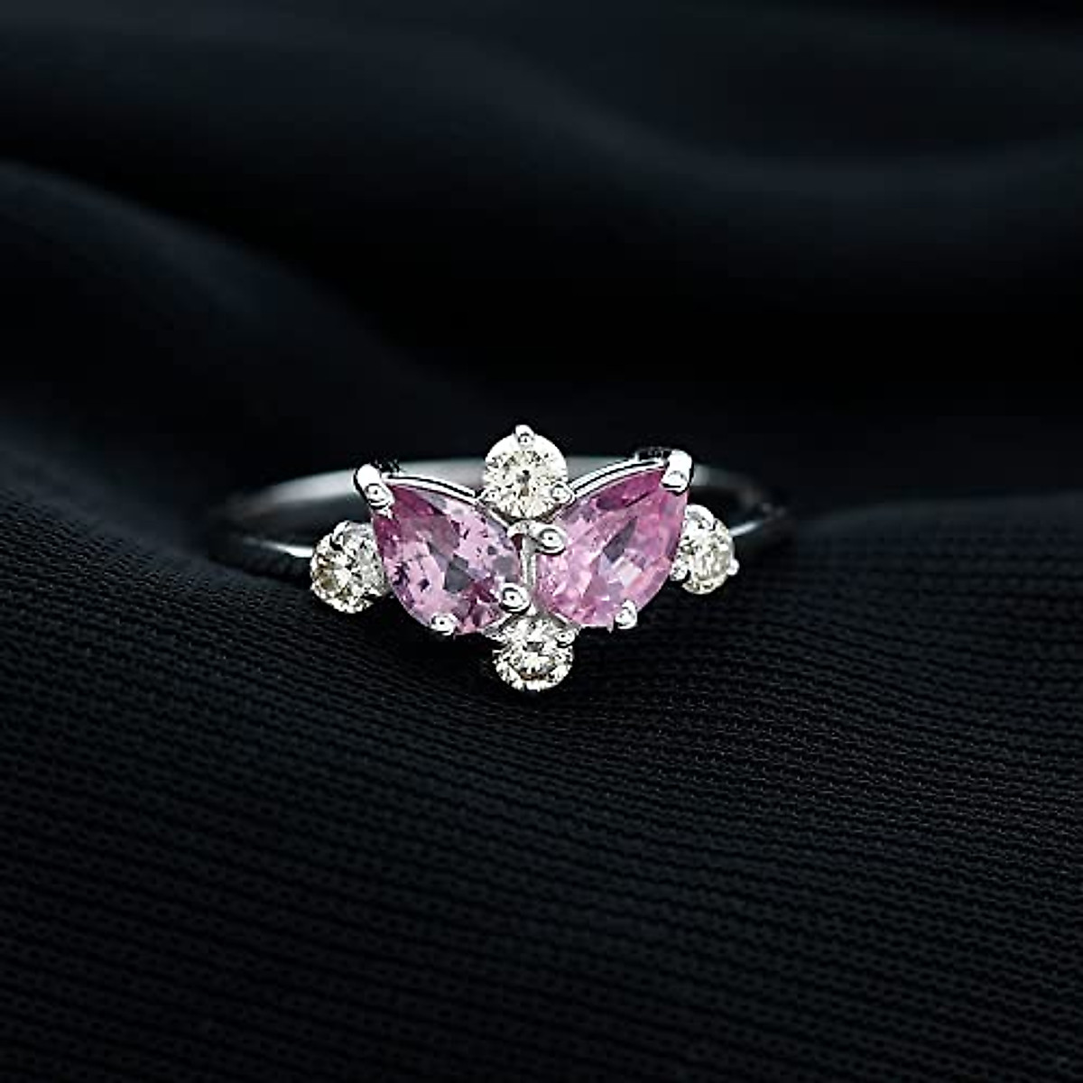 Rosec Jewels 1.5 Cttw Pear Cut Created Pink Sapphire Cluster Promise Ring with Diamond| AAAA Quality, 14K White Gold, Size:US 6.50
