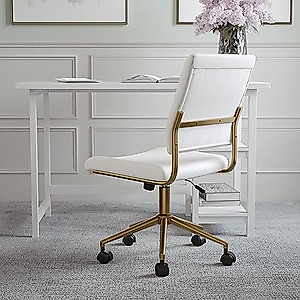 Martha Stewart Ivy Armless Swivel Task Chair for Home Office in White Faux Leather with Polished Brass Frame