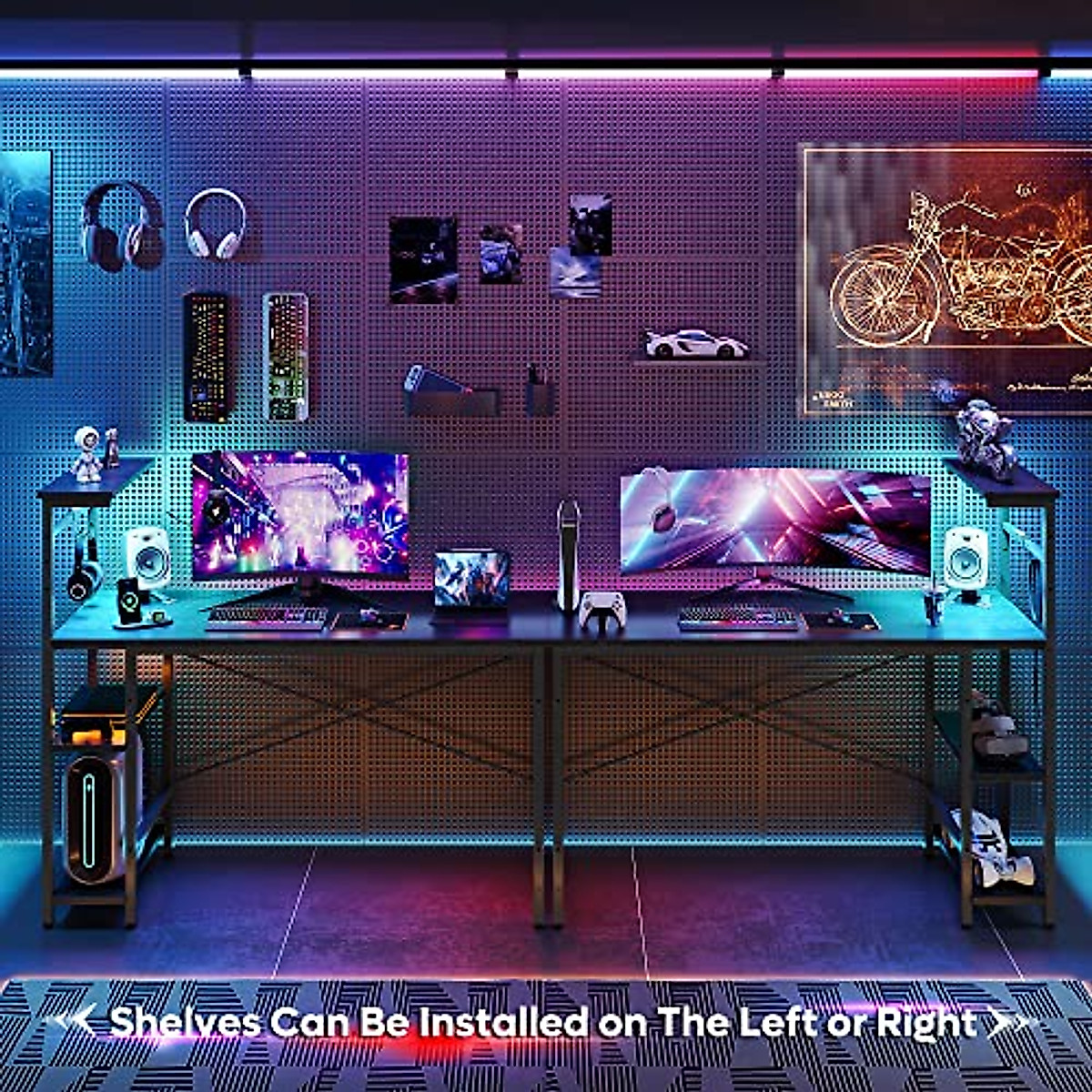 Bestier Gaming Desk with LED Lights, Computer Desk with 4 Tiers Reversible Shelves, 51.3 Inch Home Office Writing Desk with Side Storage Bag, Hooks and Height Adjustable Shelf (Black Grained)