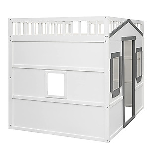 BOVZA Full Size Wood House Loft Bed with Ladder, Kids Playhouse Bed with Window for Girls Boys, White+Gray