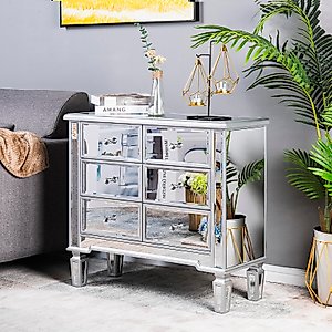 Bonnlo Mirrored Dresser 6 Mirrored Drawers, Mirrored Cabinet, Glass Mirror Dresser for Bedroom with 6 Storage Drawer Modern Chest of Drawers, Silver, 32”L x 12”W x 28”H