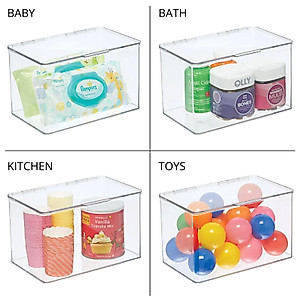 mDesign Plastic Bathroom Stackable Storage Box with Attached Hinged Lid - Holds Soap, Body Wash, Shampoo, Lotion, Conditioner, Hand Towels, Hair Accessories, Ligne Collection - 2 Pack - Clear
