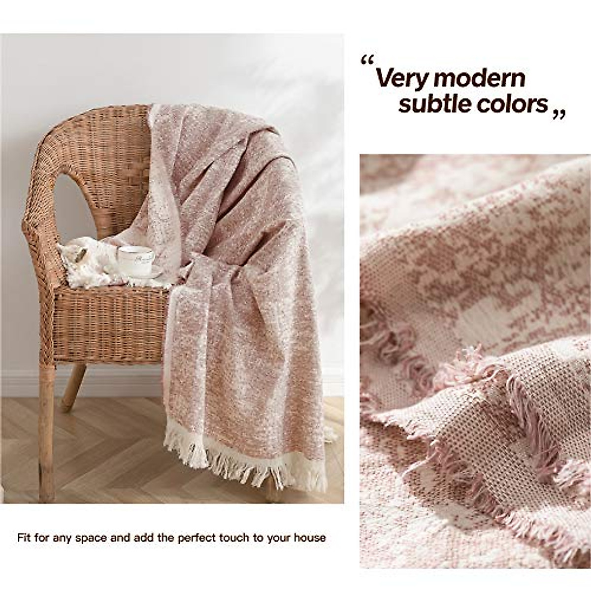 Cotton Fringed and Striped Throw Blanket for Bed, Couch,Knit Woven with Tassels Soft Lightweight Cozy Blanket Scarf Shawl Farmhouse Decoration for All-Season (Pink)