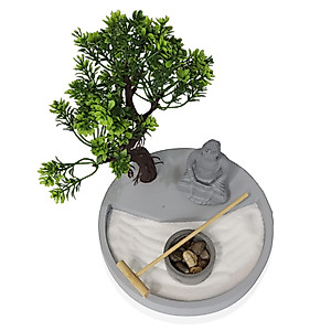 Round Shape, Zen Garden Tealight Candle Holder with a Mini Buddha Statue and a Bonsai Tree - A Perfect Japanese Art for Relaxation and Meditation - Free Your Mind with Our Mini Zen Garden Decor, Gray