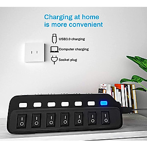 HOMELINKX SQUARE - USB HUB 3.0 Powered Splitter - External 7 Port High Speed Hub Splitter with 5V/2A Power Adapter Powered USB hub and Individual On/Off Switch for PC Laptop Desktop
