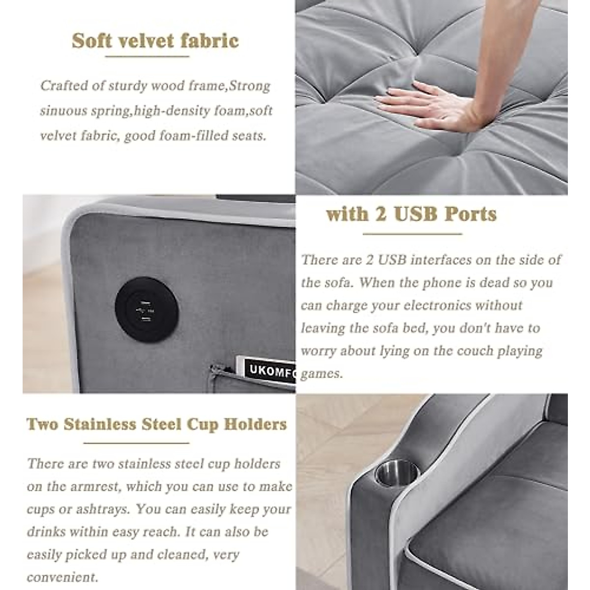 Convertible Futon Couch with USB Ports,Velvet Pull Out Sleeper Sofa Bed with Cup Holders and Pockets,3 in 1 Modern Loveseat with Adjustable Backrest,Small Love Seat for Living Room,Office,Grey
