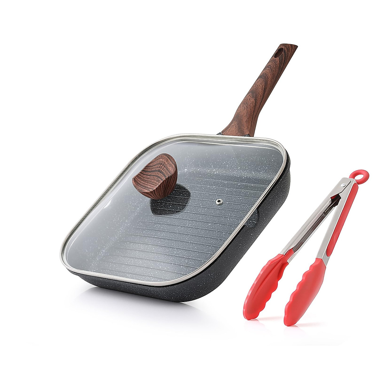 Kordisen Nonstick Grilling Pan with Lid for Stove Tops, 11 Inch Square Grill Pan for Indoor Cooking, Granite Coating Grill Skillet with Pour Spouts, Versatile Griddle, Induction Steak Pan, PFOA Free