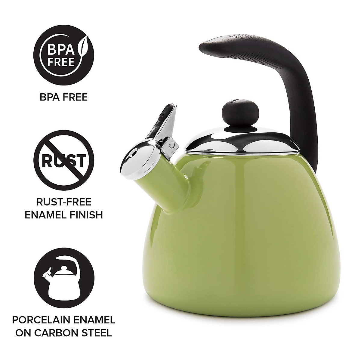 Farberware Bella Water Kettle, Whistling Tea Pot, Works For All Stovetops, Porcelain Enamel on Carbon Steel, BPA-Free, Rust-Proof, Stay Cool Handle, 2.5qt (10 Cups) Capacity (Apple)