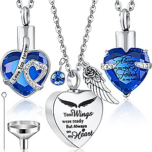 Jadive 3 Pcs Summer Cremation Heart Urn Necklace Ashes Jewelry for Women Ocean Crystal Necklace Waterproof Memorial Pendant Stainless Steel Keepsake with Angel Wing 12 Birthstones Filling Kit