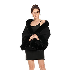 ZLYC Women Winter Faux Fur Shawl Stole Warm Wrap Cape (Black)